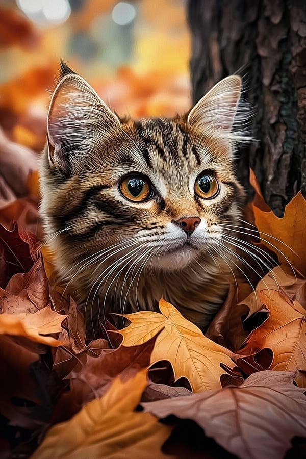 Cute Cat among Autumn Leaves. Ai Generative Stock Image - Image of ...