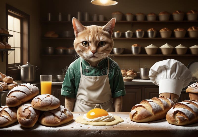 Cute Cat Baker Making Bread in Bakery Stock Photo - Image of process ...