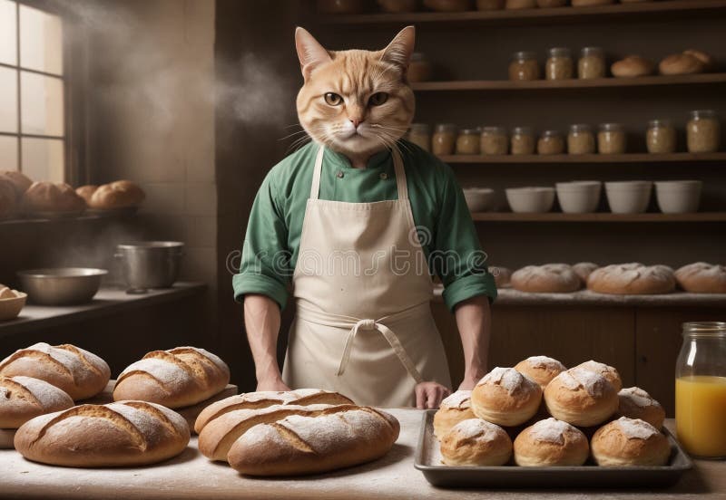 Cute Cat Baker Making Bread in Bakery Stock Image - Image of pastries ...