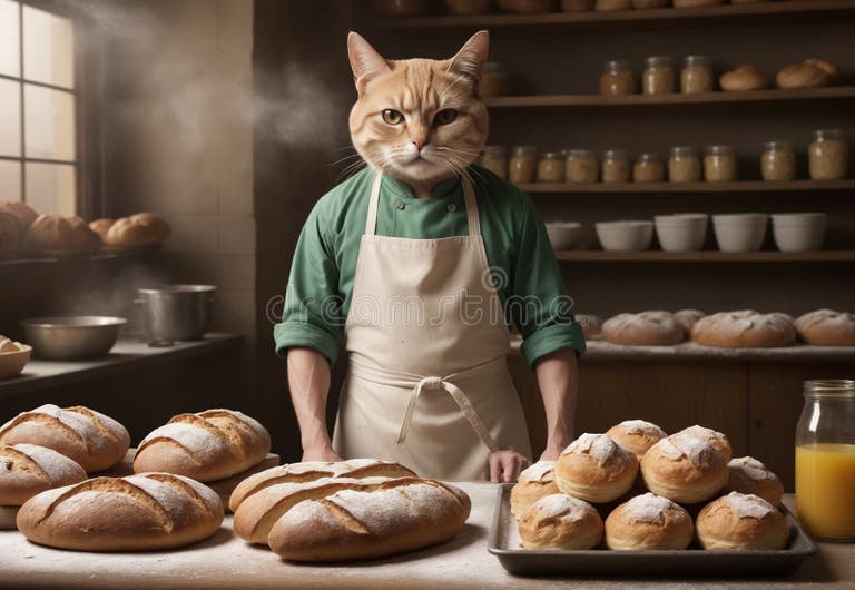 Cute Cat Baker Making Bread in Bakery Stock Image - Image of pastries ...