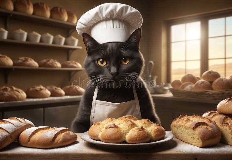 Cute Cat Baker Making Bread in Bakery Stock Photo - Image of baking ...