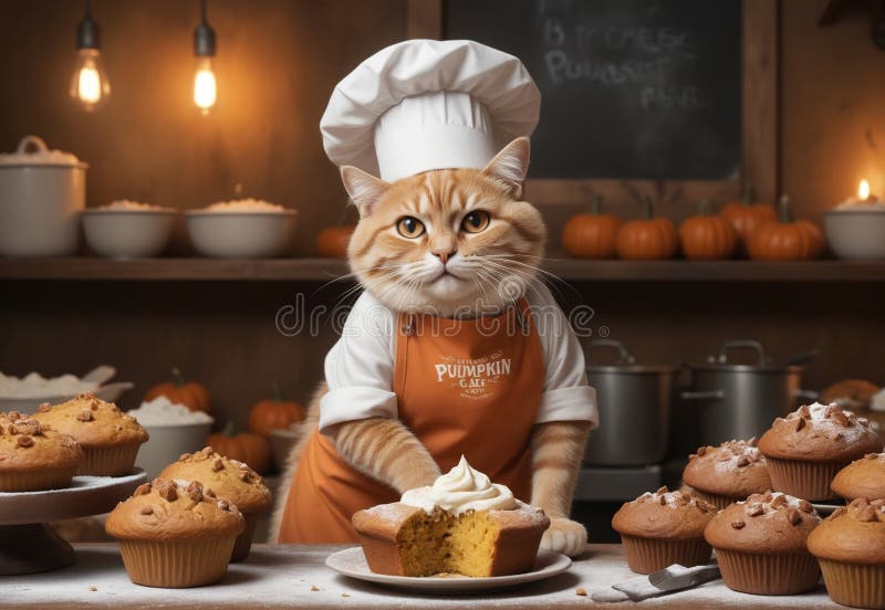Cute Cat Baker Making Pumpkin Muffins in Bakery Stock Photo - Image of ...