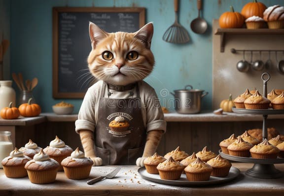 Cute Cat Baker Making Pumpkin Muffins in Bakery Stock Photo - Image of ...
