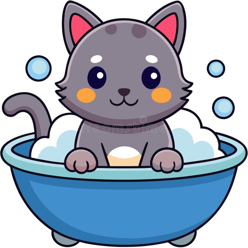 Cute Cat Bathing on Bathub Cartoon Vector Icons Illustration. Flat Cartoon Concept Stock ...