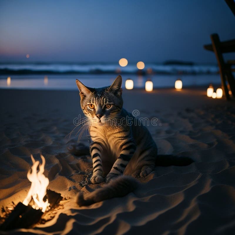 Cute Cat on the Beach Photography Stock Illustration - Illustration of ...