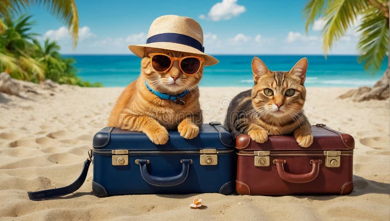 Cute Cat on the Beach with a Suitcase Stock Illustration - Illustration ...