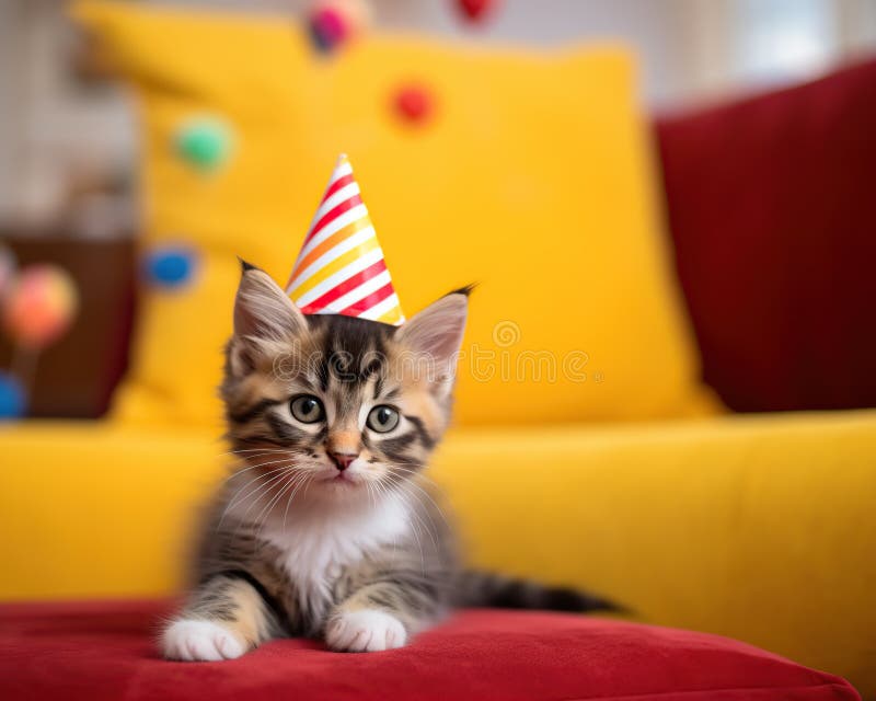 Cute Cat in a Birthday Cap Lying on Couch Stock Illustration ...
