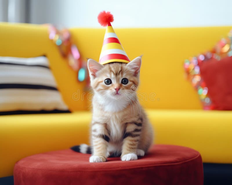 Cute Cat in a Birthday Cap Lying on Couch Stock Illustration ...
