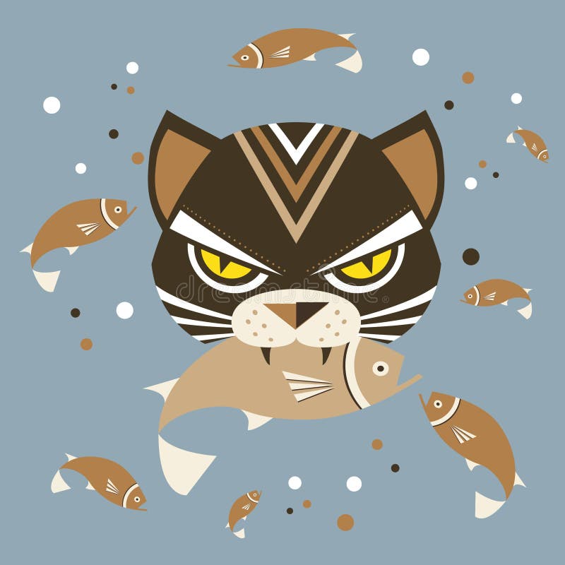 Cute Cat Biting Fish. Cartoon Illustration of Cute Cat Stealing Fish ...