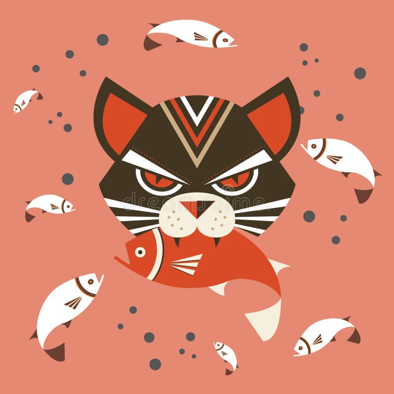 Cute Cat Biting Fish. Cartoon Illustration of Cute Cat Stealing Fish ...