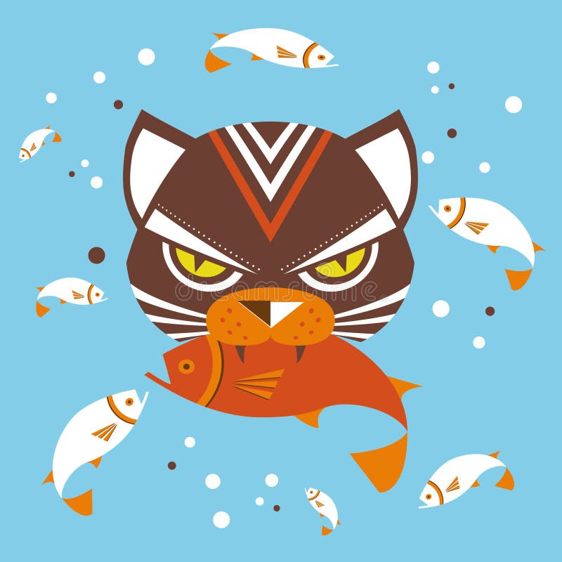 Cute Cat Biting Fish. Cartoon Illustration of Cute Cat Stealing Fish ...