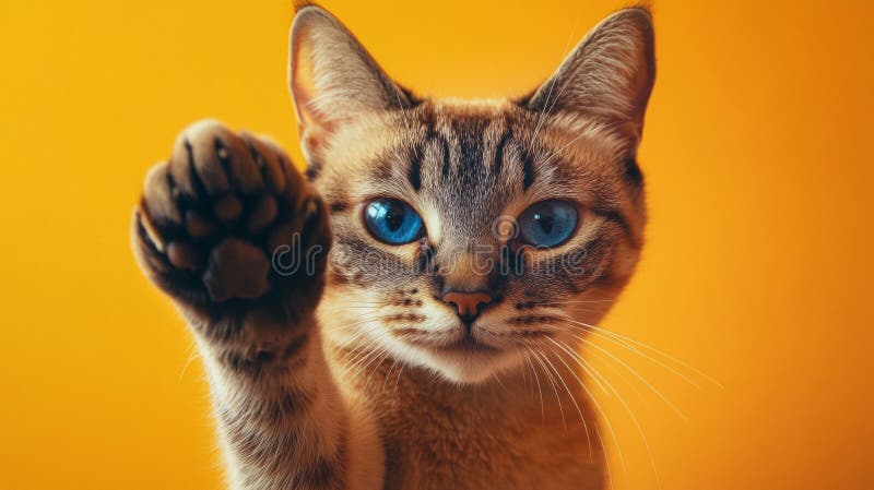 Cute Cat with Blue Eyes Reaching Out Paw on Yellow Background Stock ...