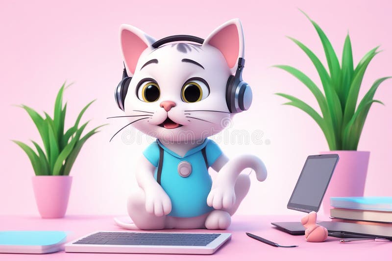 Cute Cat in a Blue Oficce Works at a Computer with Glasses and ...