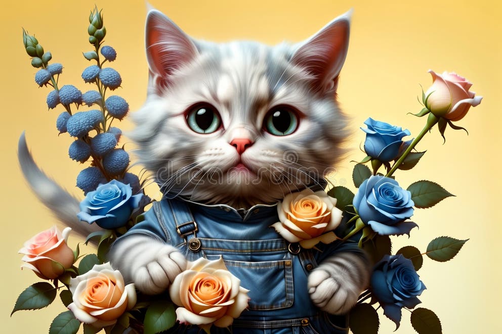 Cute Cat with a Bouquet of Roses Stock Photo - Image of patterns, love ...