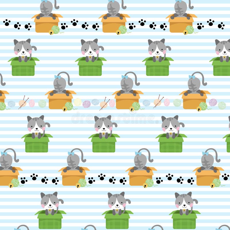 Cute Cat in Box Vector Seamless Pattern Stock Illustration ...