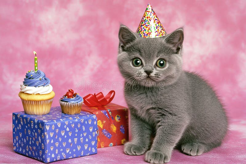 Cute Cat Cap Celebrates Birthday Pink Background Stock Photos - Free ...
