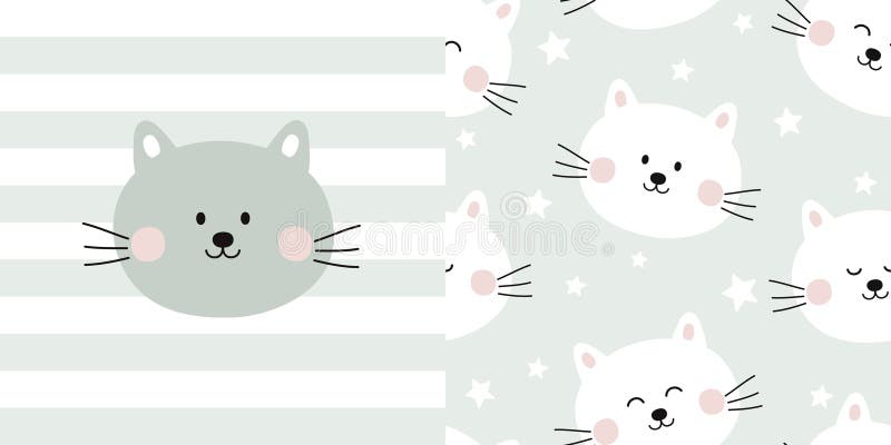 Cute Cat Card and Seamless Pattern. Backgrounds for Children with Cats ...