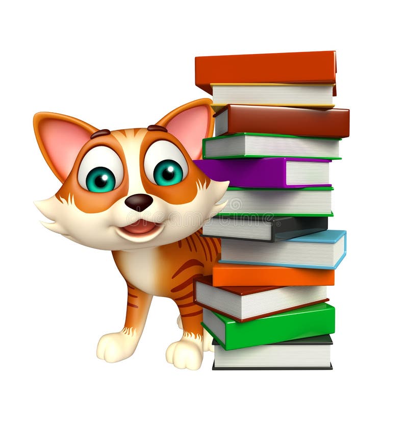 Cute Cat Cartoon Character Book Stack Stock Illustration - Illustration ...