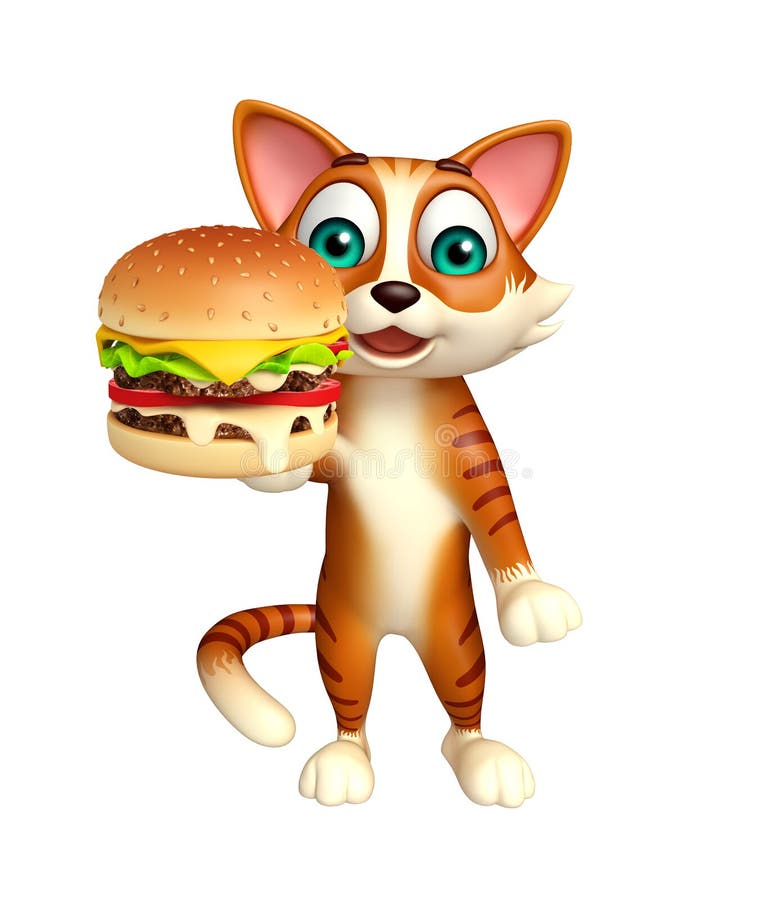 Cute Cat Cartoon Character with Burger Stock Illustration ...