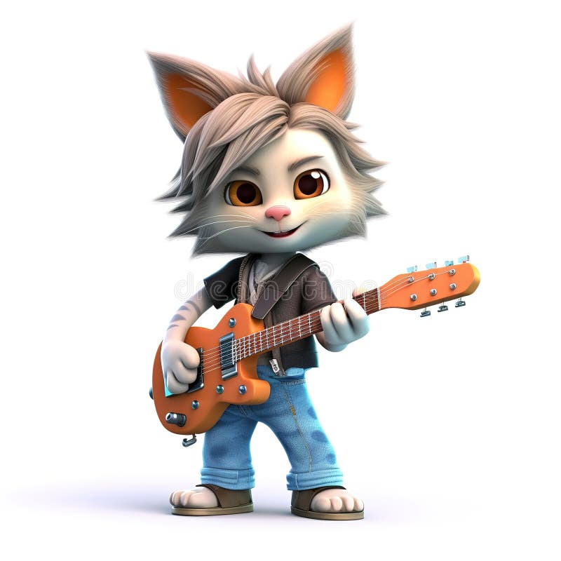 Cute Cat Cartoon Playing Guitar. Illustration. Generative AI Stock ...