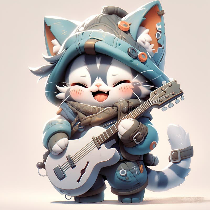 Cute Cat Cartoon Playing Guitar. Illustration. Generative AI Stock ...