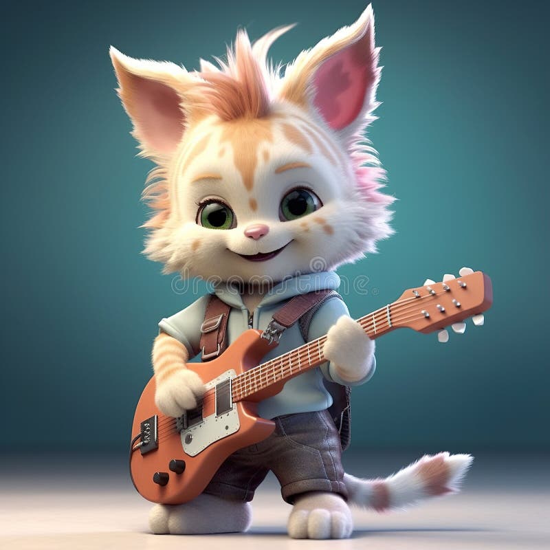 Cute Cat Cartoon Playing Guitar. Illustration. Generative AI Stock ...