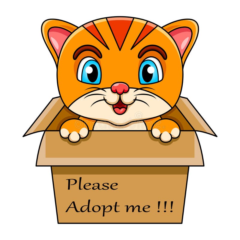Cute Cat Cartoon in Present Gift Box with Text Adopt Me Please Stock ...