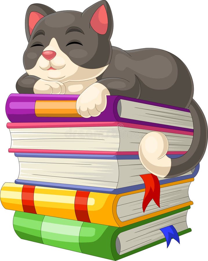 Cute Cat Cartoon Sleeping on Pile of Books Stock Vector - Illustration ...