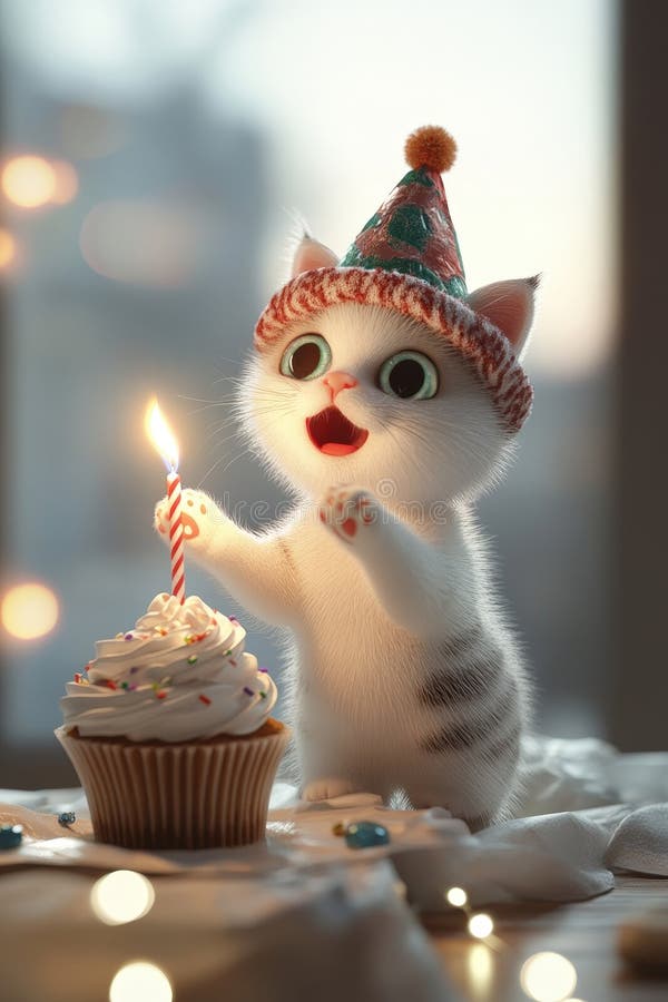 Cute Cat Celebrating Birthday with Cake and Hat on Head. Stock Image ...