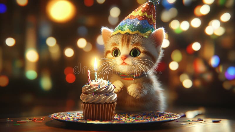 Cute Cat Celebrating Birthday with Cake and Hat on Head. Stock Photo ...