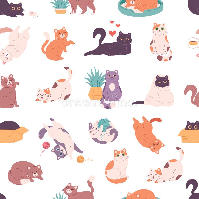 Cute Cat Characters Seamless Pattern. Cats Doing Various Feline ...