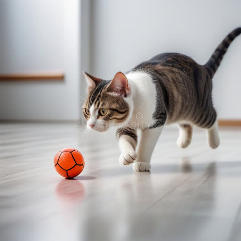 Cute Cat Chasing Ball on the Floor Stock Illustration - Illustration of ...