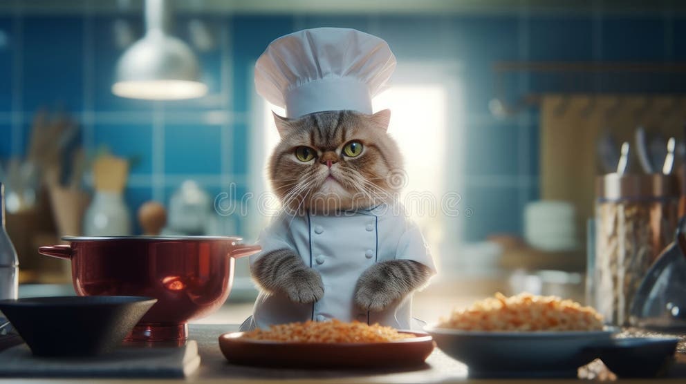 Cute Cat in Chef Hat and Apron Cooking Pasta in Kitchen Stock ...