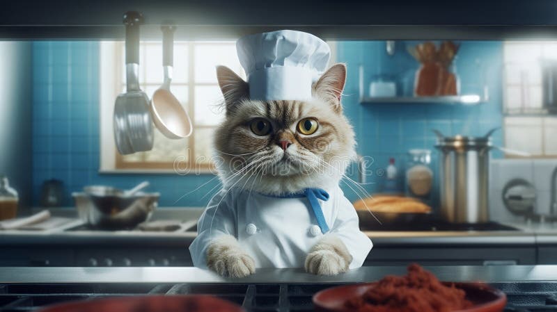 Cute Cat in Chef Hat and Apron Sitting on the Kitchen Table Stock ...