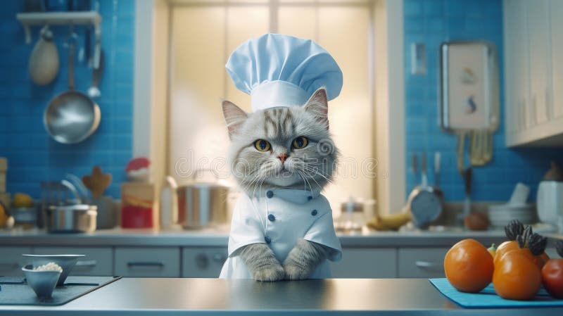 Cute Cat in Chef Hat Sitting on the Table in the Kitchen Stock ...