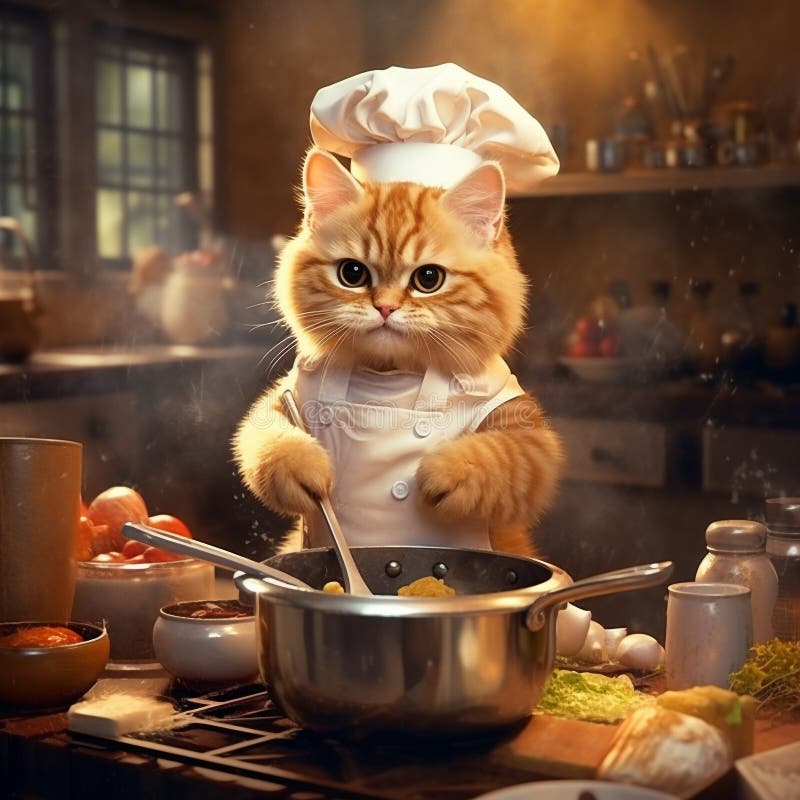 Cute Cat Chef in the Kitchen Generative AI Stock Illustration ...