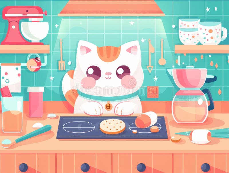 Adorable Cartoon Cat Baking in a Colorful, Whimsical Kitchen Filled ...