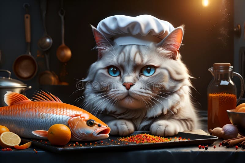 Cute Cat Chef Preparing Fish in the Kitchen Stock Photo - Image of cook ...