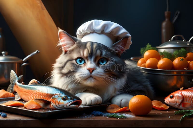 Cute Cat Chef Preparing Fish in the Kitchen Stock Illustration ...