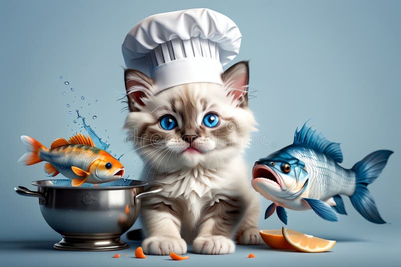 Cute Cat Chef Preparing Fish in the Kitchen Stock Illustration ...