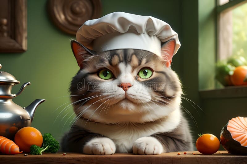 Cute Cat Chef Preparing Fish in the Kitchen Stock Image - Image of ...