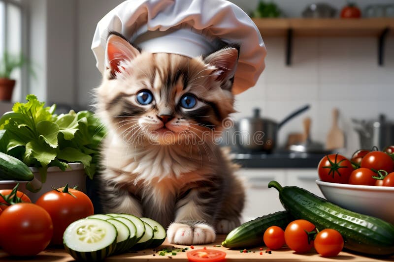 Cute Cat Chef Preparing Fresh Vegetable Salad in the Kitchen Stock ...