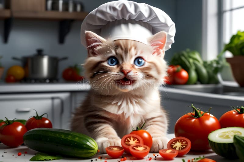 Cute Cat Chef Preparing Fresh Vegetable Salad in the Kitchen Stock ...