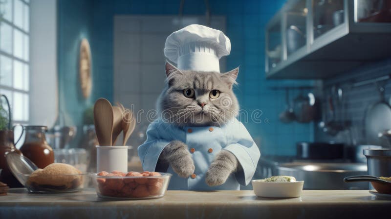 Cute Cat in Chef S Hat and Blue Shirt Cooking in Kitchen Stock Photo ...