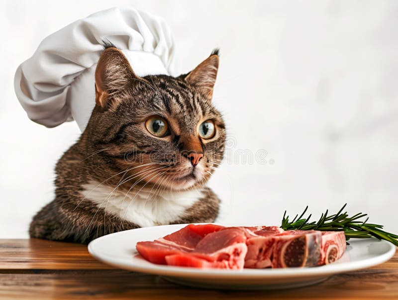 A Cute Cat in a Chef S Hat Sits in Front of a Plate of Meat. Artificial ...