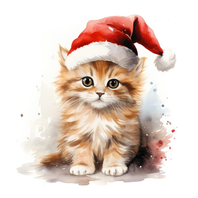 Cute Cat in Christmas Hat. Christmas Watercolor Illustration ...