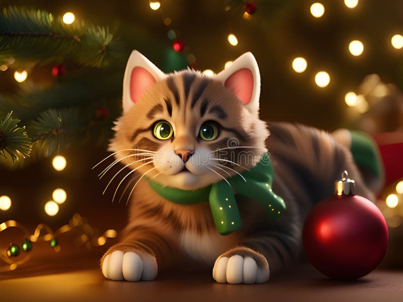 Cute Cat with Christmas Tree at Home Stock Illustration - Illustration ...