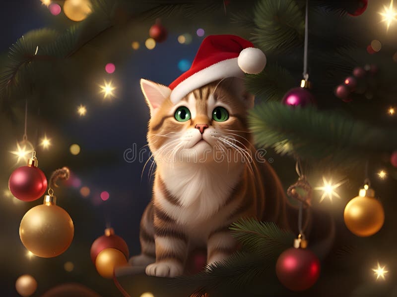 Cute Cat with Christmas Tree at Home Stock Illustration - Illustration ...