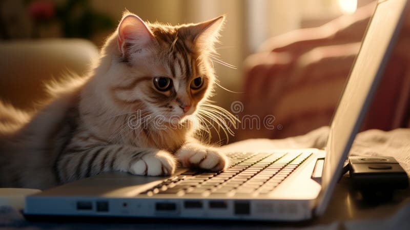 Cute Cat in Close Up Sitting with Laptop. Online Work and Schooling ...