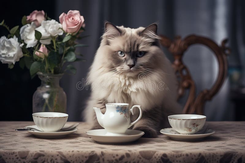 Cute Cat at the Coffee Table. Generative AI Stock Illustration ...